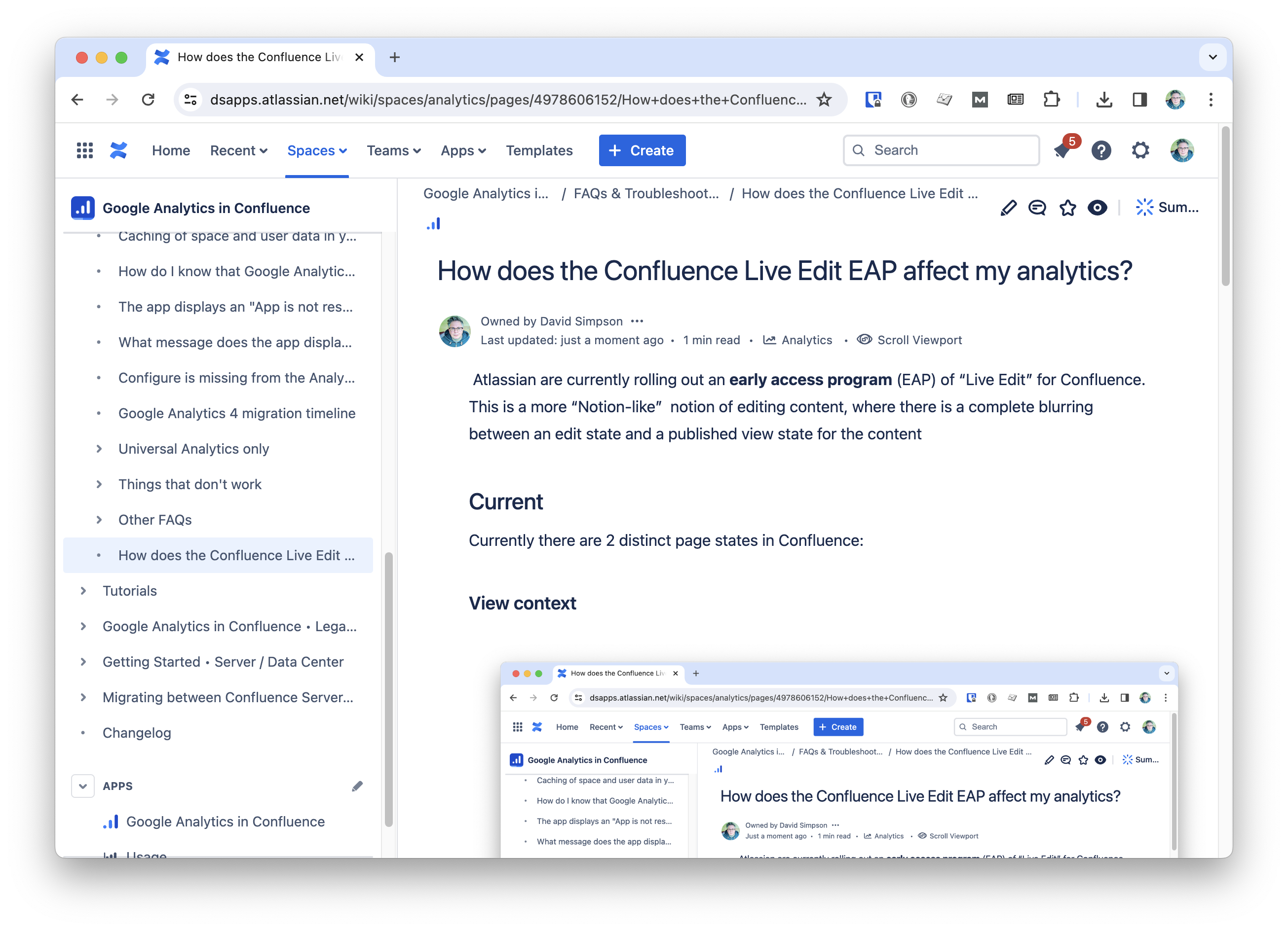 How does the Confluence Live Edit EAP affect my analytics?